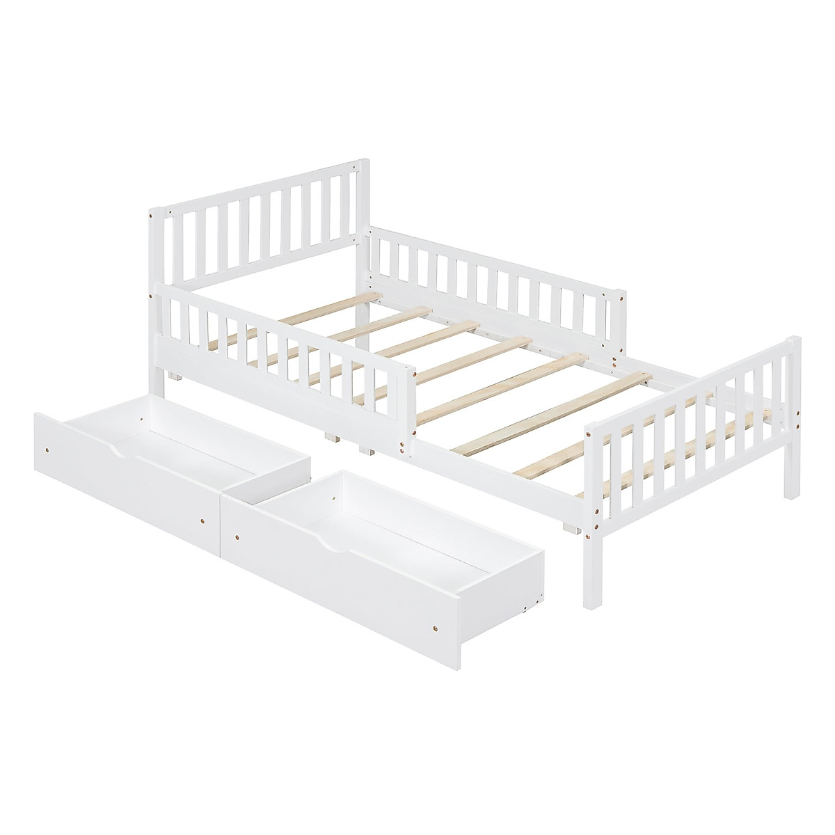 NCKMYB Kids Twin Bed with Guardrails, Low Platform Bed with Headboard and Footboard, White Children Bed Frame with 2 Drawers for Boy Girl
