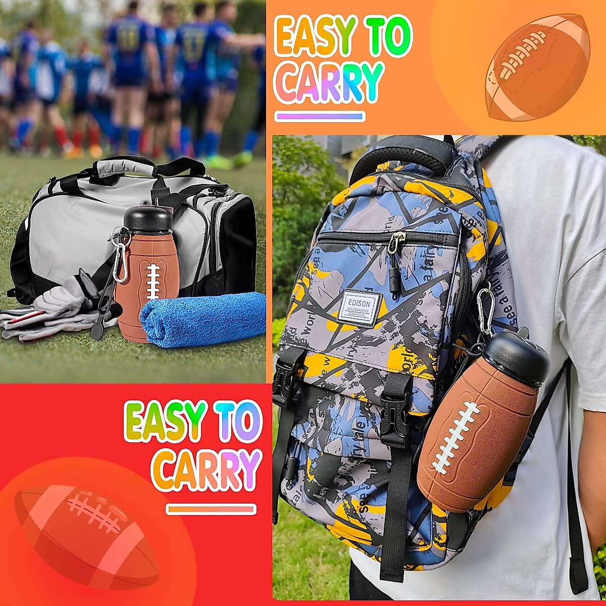Jasswevo Collapsible Water Bottle for Boys Men 19oz 550ml Silicone Foldable Bpa Free Leakproof Sports Water Jugs for School Sports Travel with Flip Spout Xmas Birthday Gifts, Rugby Football Style