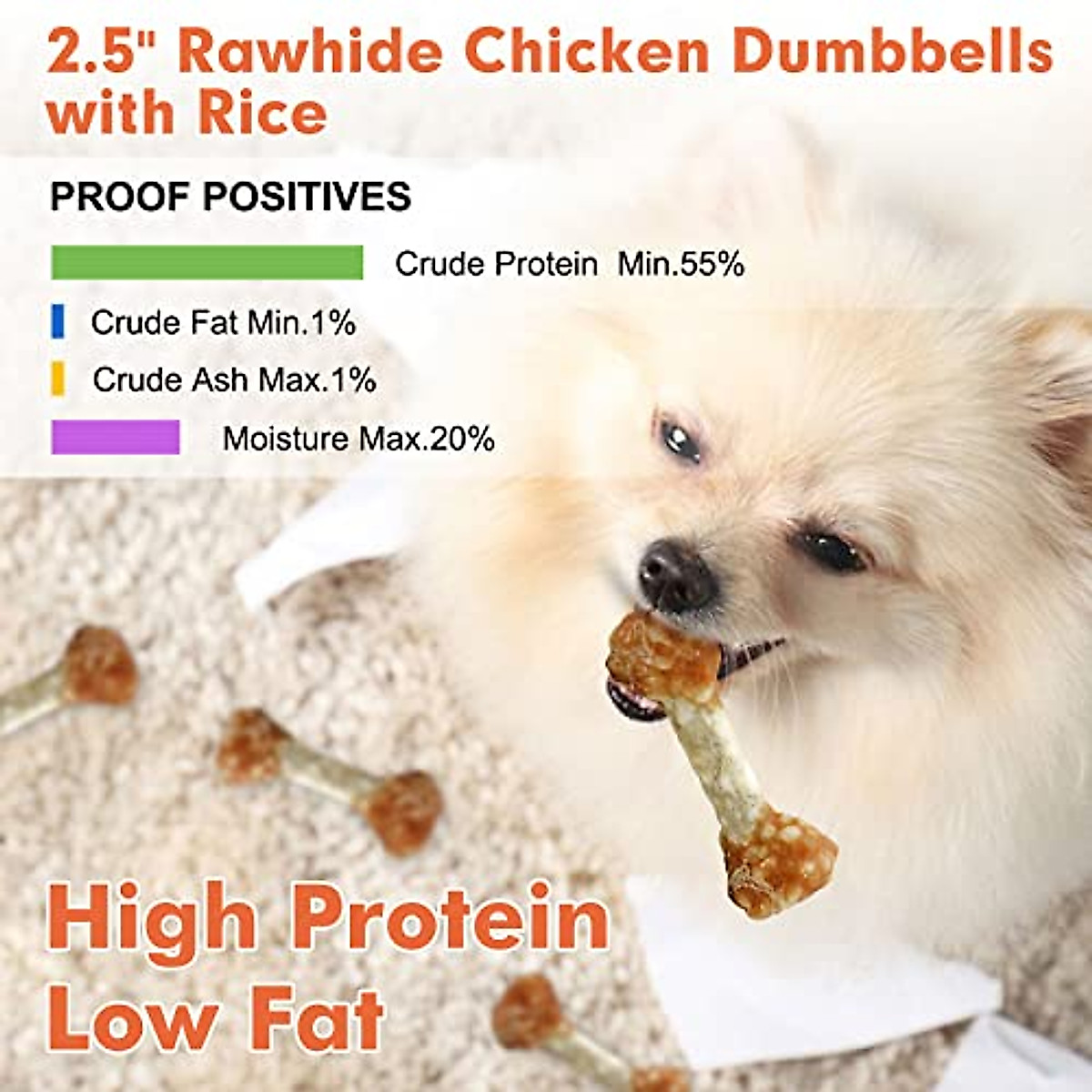 MON2SUN Dog Treats, 16oz Mini Rawhide Dog Chews, Chicken Dumbbells with Rice for Small Dogs & Toy Breed, Promotes Dental Health (2.5 Inch 30 Count)