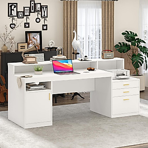 TVU 65" Computer Desk with 3 Drawer & Storage Shelves, Home Office Desk with File Drawer Cabinet, Executive Desk with Long Monitor Stand & Printer Shelf, White