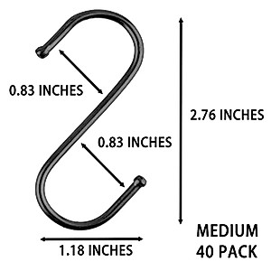 BYFU 40 Pack Black S Hook Hanging, Heavy Duty S Shaped Hooks for Utensils Clothes Bags Towels Plants (Medium)