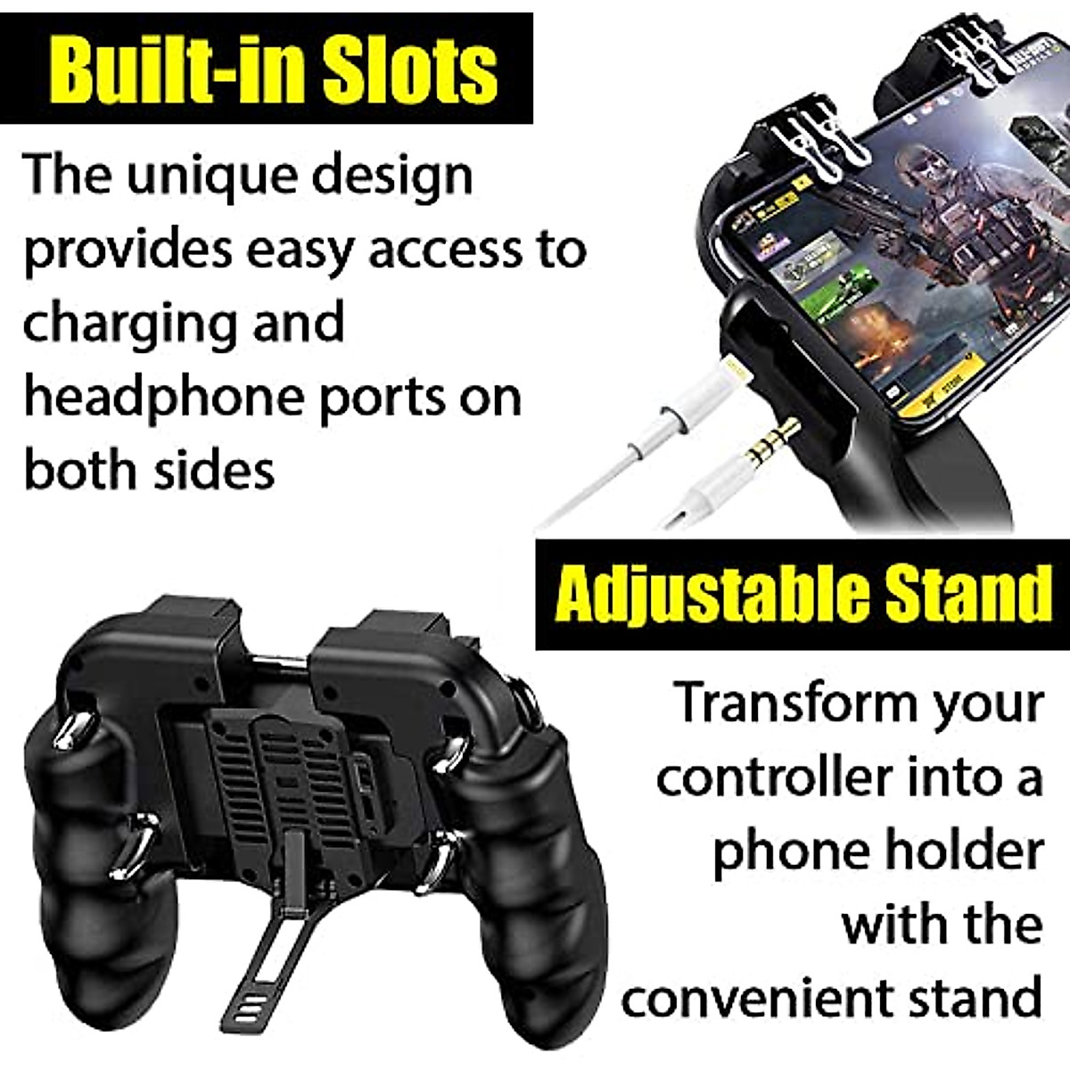 8 in 1 PUBG Mobile Phone Game Controller w/Cooling Fan, Cell Phone Gaming L2R2 L1R1 Triggers gamepad for PUBG/Fortnite/Call of Duty for 4.7-6.5" Android iOS Phone with 6pcs Finger Sleeves