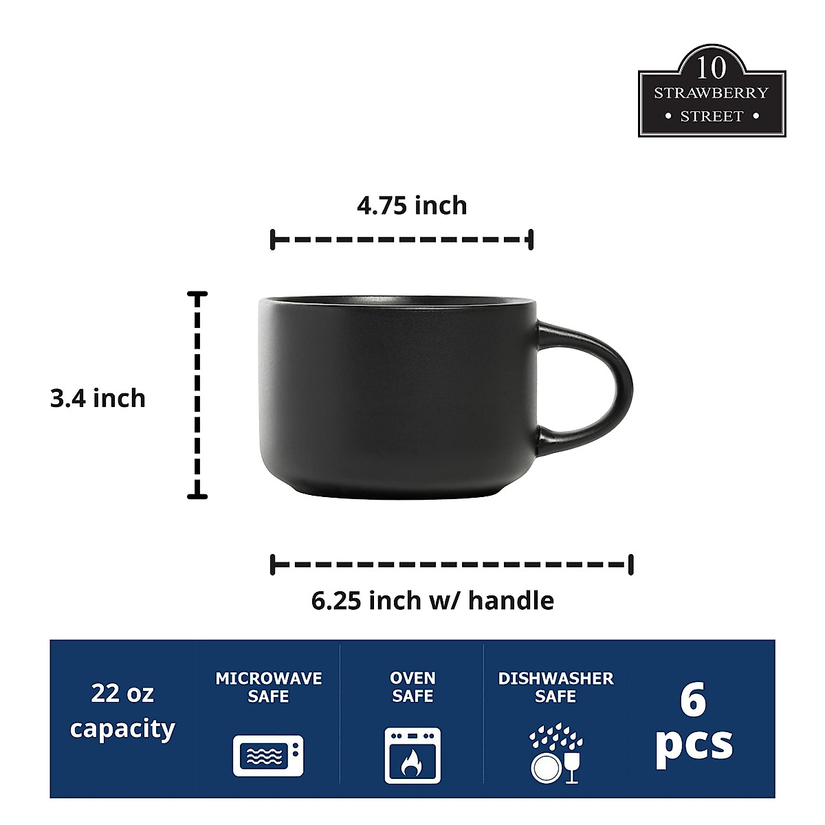 10 Strawberry Street Wazee Matte Oversized Mugs, 6 Count (Pack of 1), BLACK