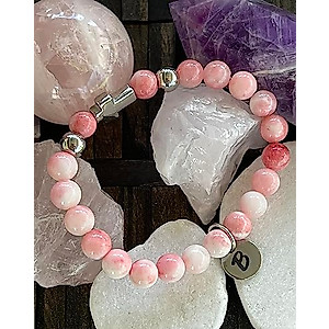 Women's Cross Bracelet with Initial Charm, Pink White Jade Semi Precious Stones (7, Pink White Jade)