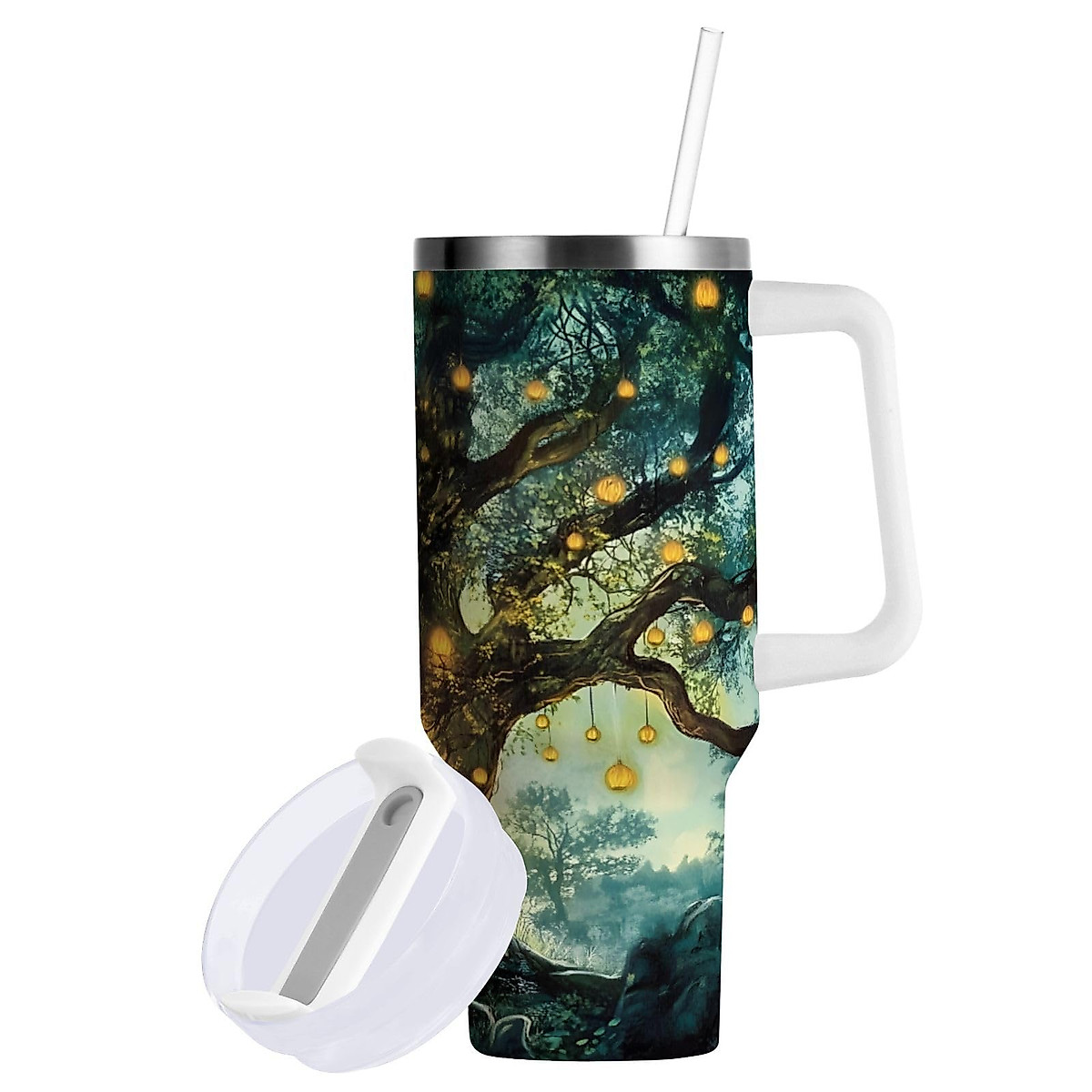 Jihqo Fairy Tales Glowing Tree 40 oz Stainless Steel Vacuum Insulated Tumbler with Handle and Straw Lid, Leakproof Water Bottle Double Wall Travel Mug Coffee Cup, Cupholder Friendly