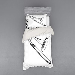 Lunarable Trombone Bedding Set, Sketch Artwork of a Brass Musical Instrument Sackbut Talent and Performance, 3 Piece Duvet Cover Set with Sham and Fitted Sheet, Twin Size, Black and White