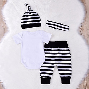 Newborn 4pcs Set Outfit Striped Hoodie with Romper Jumpsuit+ Striped Long Pants and Hat (Newborn, White)