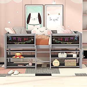 Low Loft Beds with 2 Movable Shelves Twin Loft Bed Frame with Chalkboard Modern Farmhouse Junior Bed for Kids Boys Girls, Gray