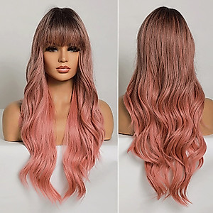 Clearance Ombre Pink Wig with Bangs 26 Inch 65cm Long Wavy Synthetic Wig Ombre Dark Root To Pink Colored Wigs for Women Heat Resistant Wigs for Daily Cosplay Party Wear Natural Looking Wig