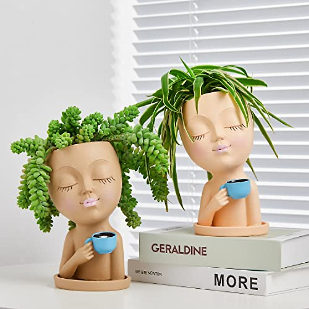 Face Planters Pots Head Planters for Outdoor Plants, Funny Cute Resin Coffee Girl Face Succulent Pots Planter Cactus Planter with Drainage Hole Closed Eyes for Indoor&Outdoor Planter (Style#477A1)
