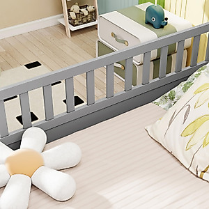CITYLIGHT Full Floor Bed with High Rails, Wood Montessori Floor Bed with Door Design, Kids Full Bed Frame for Boys Girls Children,No Bed Slats,Grey