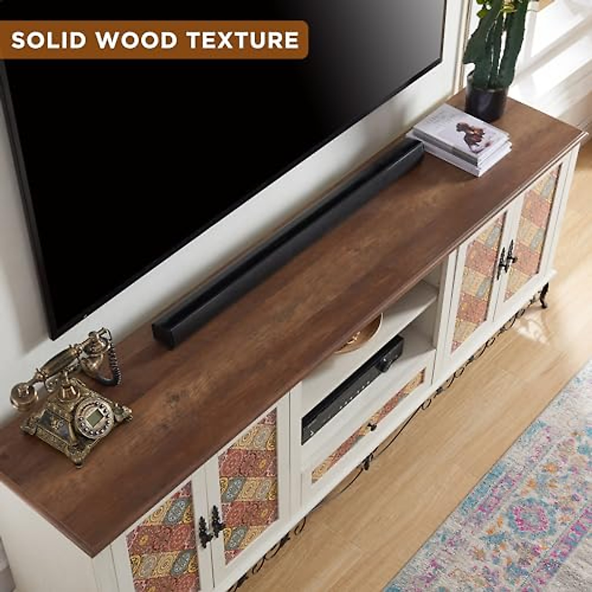 OKD Boho TV Stand for TVs Up to 85 inches, 28" Tall Highboy Entertainment Center w/Barn Door, 75" Large Wood Rustic TV Console Cabinet w/Adjustable Shelves for Living Room, Antique White