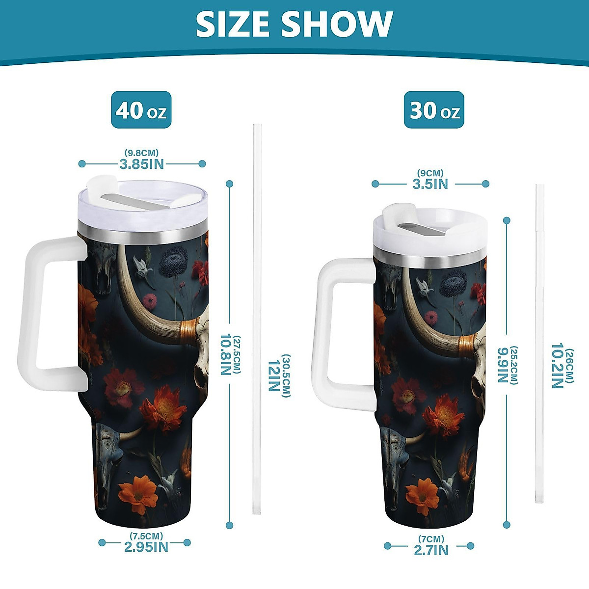 ARGTILDN 40 oz Tumbler Bull Skull Orange Flowers Insulated Travel Mug with Handle and Straw Lid Stainless Steel Vacuum Coffee Cup Tea Beverage Container Water Bottles for Car Sports office