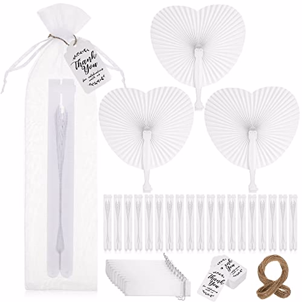 Gerrii 50 Pcs Folding Handheld Fans Paper White Wedding Fans Heart Shaped Folding Fans with Labels and Gift Bags for Wedding Celebration Birthday Party Bridal Shower Favors Kids Supplies
