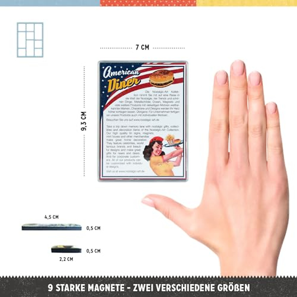 Nostalgic-Art Retro-Style Fridge Magnets, American Diner – Gift idea for USA & Diner Fans, Magnet Set for Notice Board, Vintage Design, 9 Pieces