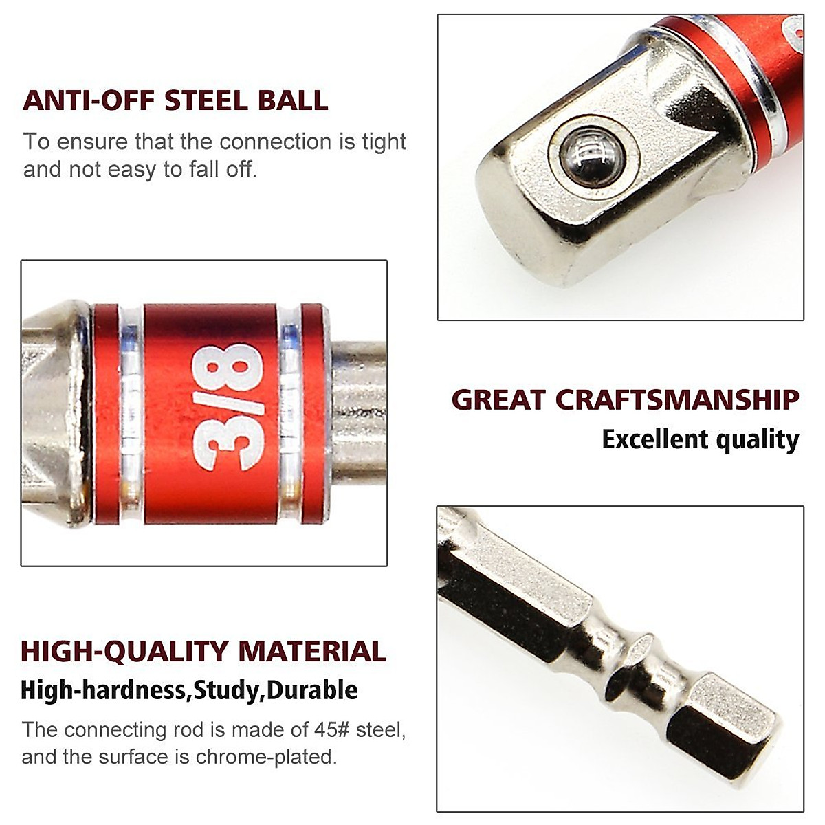 Impact Grade Socket Wrench Adapter Extension Set Turns Power Drill Into High Speed Nut Driver,Hex Shank Bit Square Power Drill Cordless Impact Sockets Bit Set,Sizes 1/4" 3/8" 1/2",Cr-V,Black,3-Piece