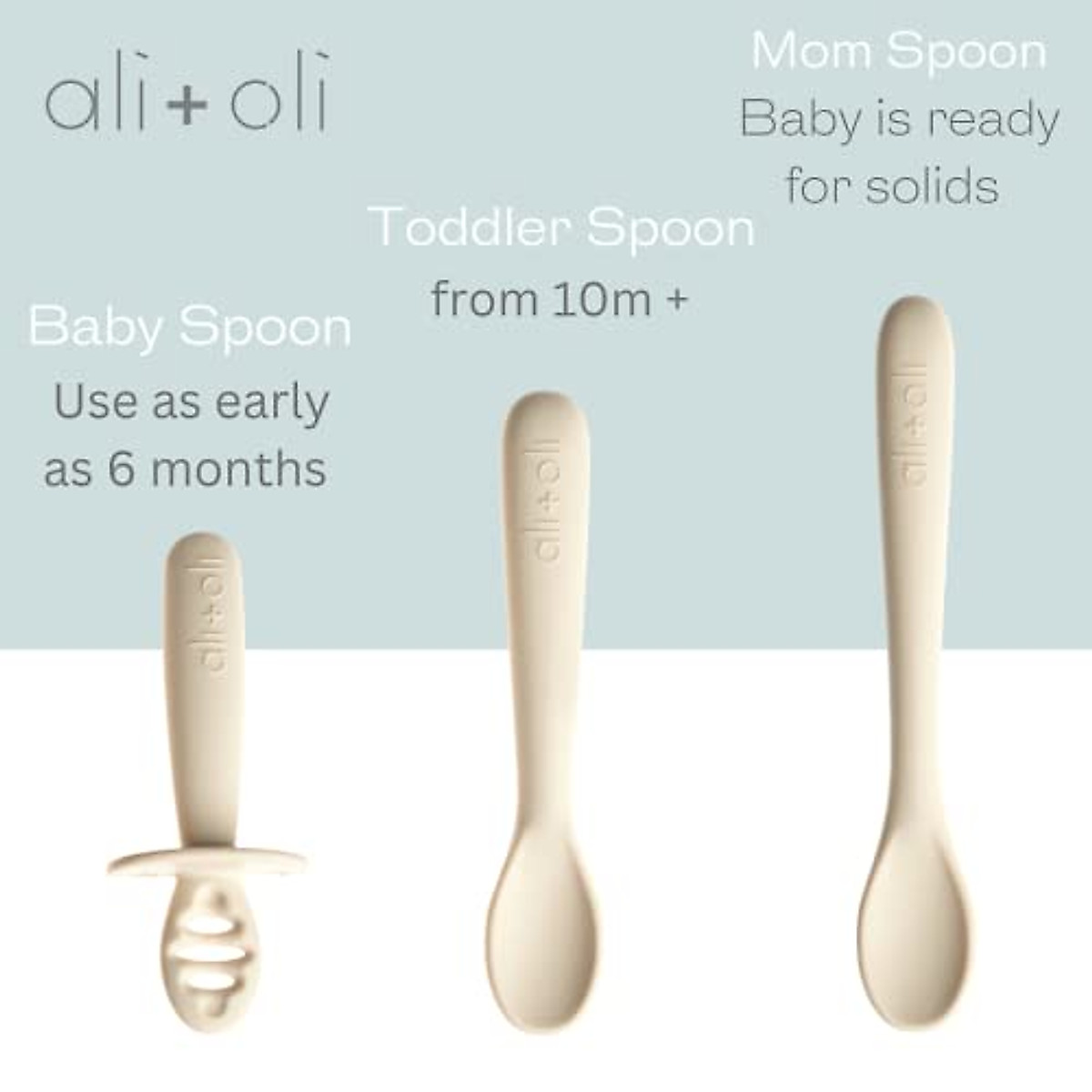 Ali+Oli (3pc) Silicone Spoon Set for Baby (Coco) Unbreakable Silicone Baby Spoon, Baby Spoons Self Feeding 6 Months & Up, Self Feeding Baby Utensils, Multi-stage Baby Feeding Spoon, Ergonomic Design