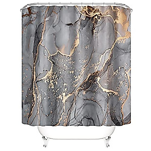 Alabohuke 4PCS Ash Gold Marble Shower Curtain Set, Stylish Modern Bathroom Decor, with Rugs and Accessories Non-Slip Rug,Toilet Lid Cover,Bath Mat and 12 Hooks, 70.8 X 70.8 in