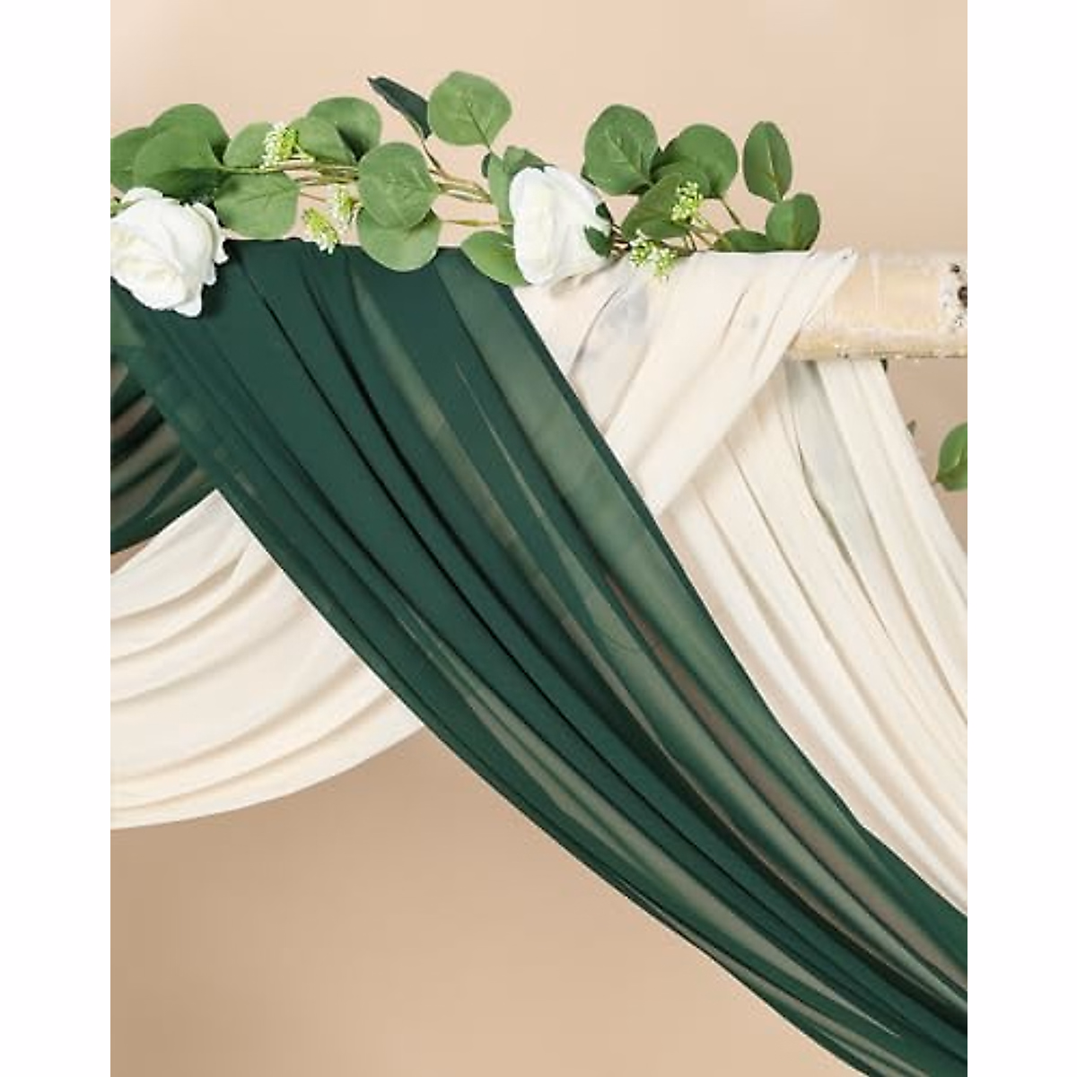 SHERWAY 2 Panels Chiffon Fabric Drapery Wedding Arch Drapes, Party Backdrop Curtain Panels, Ceremony Reception Swag Decoration (27 x 216 Inch, Hunter Green & Ivory)