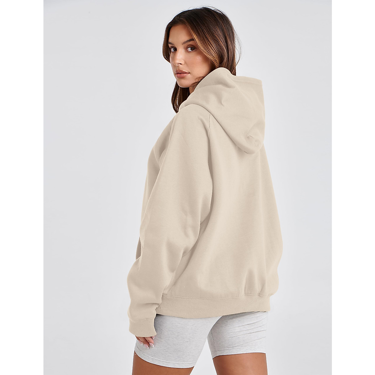 SAFRISIOR Oversized Hoodies for Women and Men Couples Fleece Basic Solid Hooded Sweatshirt Pullover Jackets Beige