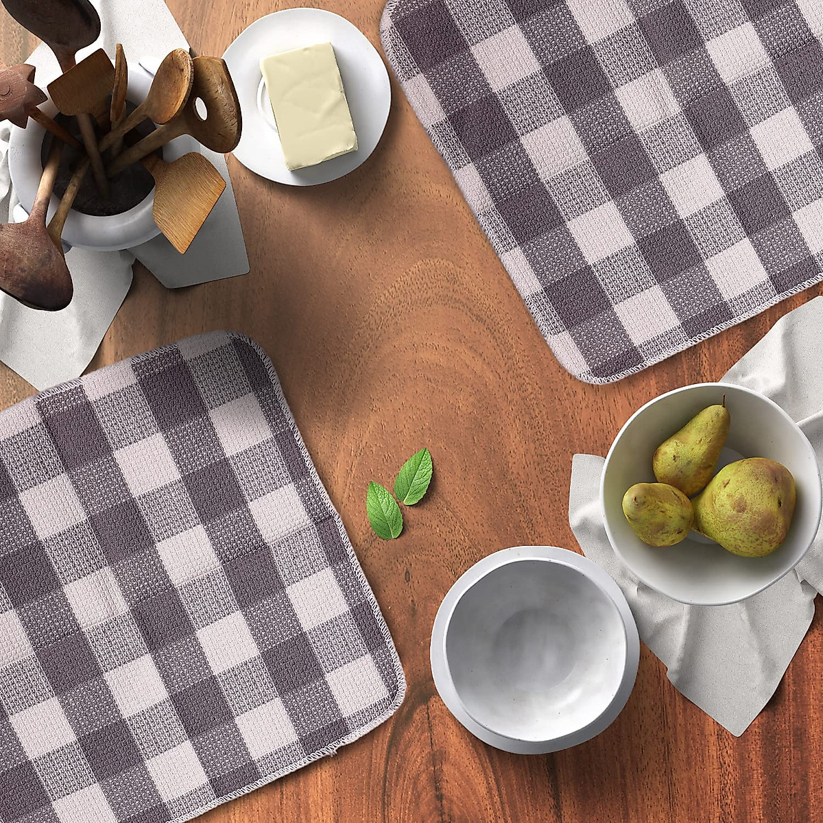 PurpleEssences Waffle Weave Plaid Dish Cloths, 100% Cotton - 12 x 12 Inches, Ultra Soft Absorbent Quick Drying Dish Towels Buffalo Check Dish Rags for Kitchen, 8-Pack - Grey & White