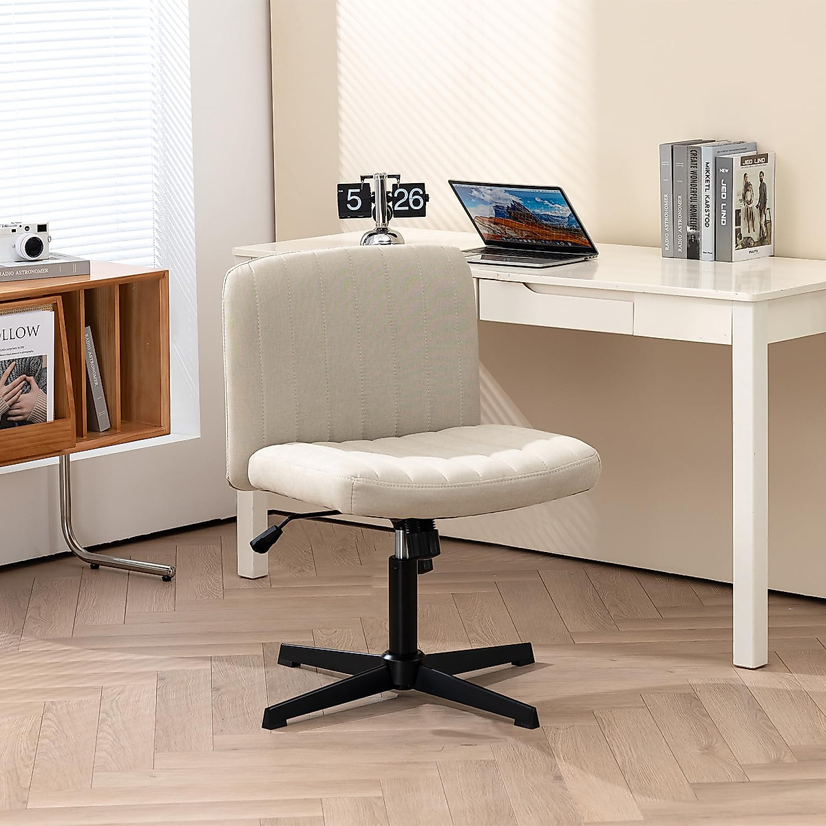 Panana Office Chair Fabric Padded Seat Armless Desk Chair Swivel Computer Task Chair Mid-Back No Wheels Accent Chair (Beige)