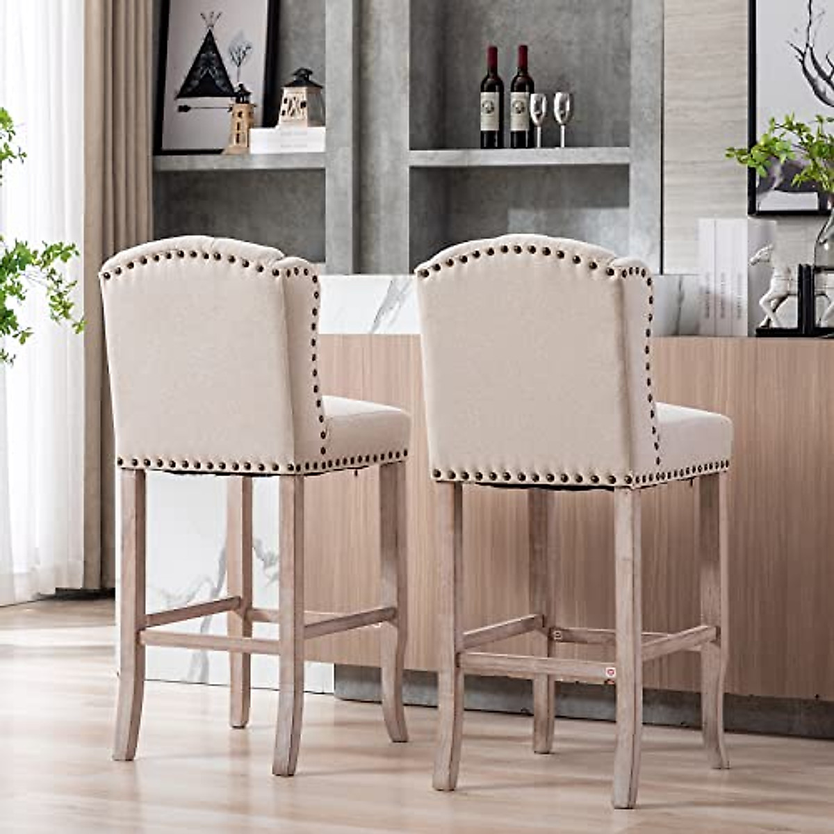 DUOMAY Classic Tufted 30 Inch Bar Stools Set of 2, Linen Upholstered Counter Chairs with Back, Armless Barstools Breakfast Stools W/Solid Wood Legs for Kitchen Island Lounge Pub Bar, Beige