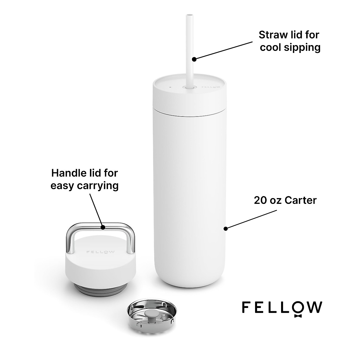 Fellow 20 oz Carter Water Bottle with 2 Lids - Leak-Proof Lid with Metal Handle - Cold Lid with Straw - Ceramic Interior & Vacuum-Insulated Stainless Steel - Matte White