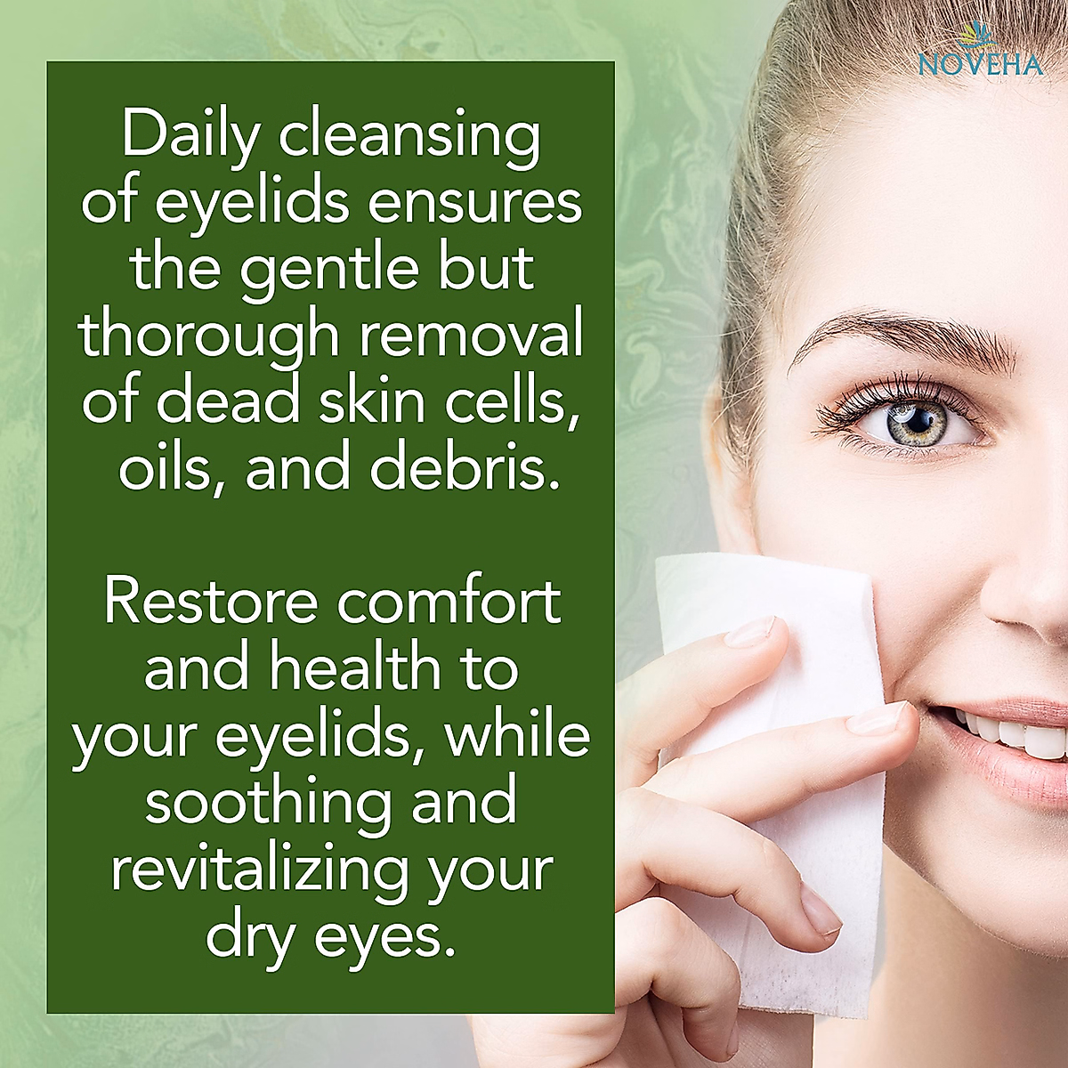 NOVEHA 60PCs Tea Tree Oil Eyelid & Lash Wipes | With Hyaluronic Acid, Green Tea & Chamomile For Blepharitis, Itchy & Stye Eyes, Individually Wrapped, Natural Eyelash Makeup Remover & Daily Cleanser