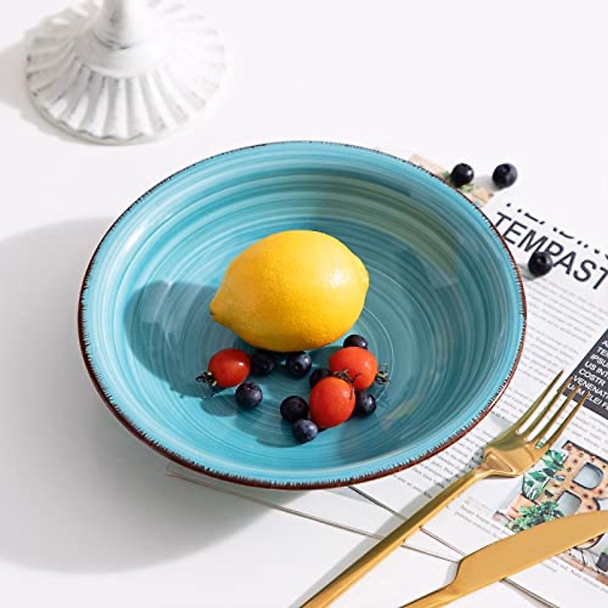 vancasso Stoneware Dinnerware Set Bonita Blue 18-Piece Service for 6, Handpainted Spirals Pattern Ceramic Combination Set with 10.6in Dinner Plate, 8.2in Dessert Plate and 21oz Soup Bowl