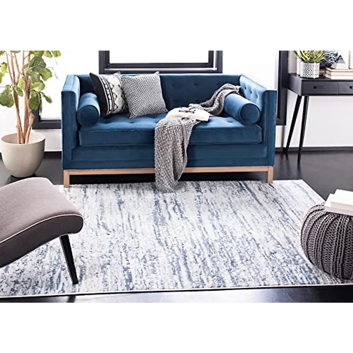SAFAVIEH Amelia Collection Area Rug - 8' x 10', Ivory & Blue, Modern Abstract Design, Non-Shedding & Easy Care, Ideal for High Traffic Areas in Living Room, Bedroom (ALA768A)