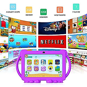 YOBANSE Kids Tablet, 7 inch Tablet for Kids 3GB RAM 32GB ROM Android 11.0 Toddler Tablet with Bluetooth, WiFi, GMS, Parental Control, Dual Camera, Shockproof Case, Educational, Games(Purple)