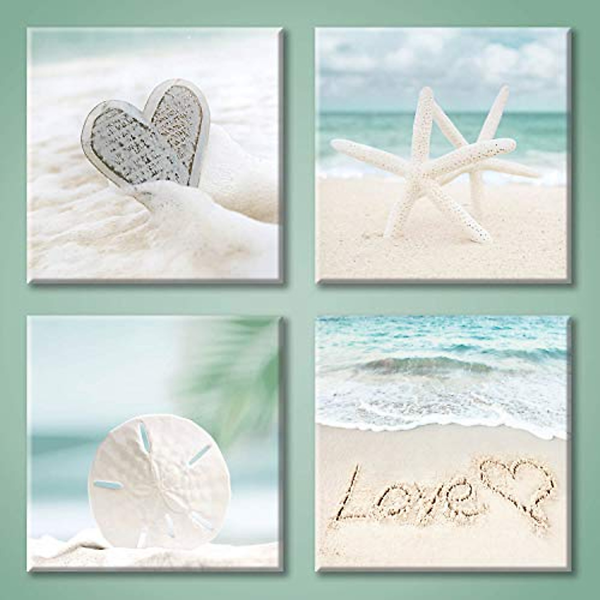 UTOP-art Aqua Beach Seashell Pictures Artwork: Love & Starfish Canvas Print Wall Art for Bathroom (12'' x 12'' x 4 Panels)