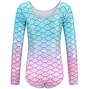SEAUR Kids Leotard Gymnastics Dance Leotards for Girls Gymnastics Bodysuit Long Sleeve One-Piece Sparkle Mermaid Dance Outfit Athletic Dancewear 13-14