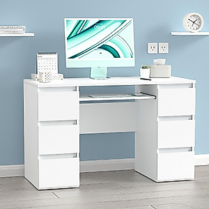 Furnicare White Computer Desk with 6 Drawers, Home Office Writing Desk with Storage Shelf, Modern Work Study Writing Table Desk, PC Laptop Table Vanity Makeup Desk for Bedroom, 47 Inch, White