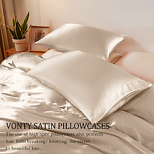 Vonty 3-Piece Silky Satin Duvet Cover Set Full/Queen Size Duvet Cover, Organic Natural 400TC Beige Duvet Cover Set - Luxury & Sexy Bedding Duvet Covers with Zipper Closure(No Comforter)