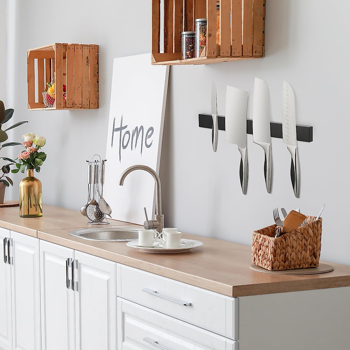 16 Inch Magnetic Knife Strip for Wall Stainless Steel Magnetic Knife Bar Rack Magnet Kitchen Knife Holder Utensil Tools Organizer Self-adhesive Drilling Dual-use Wall Hanging Knife Protection-Black