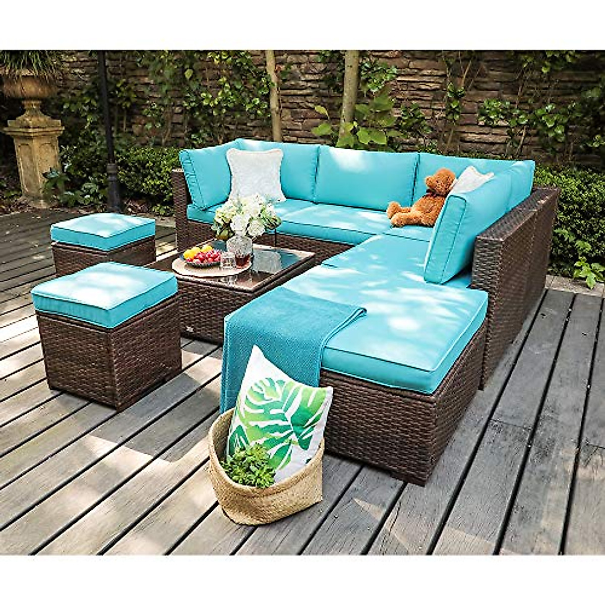 OC Orange-Casual 8 Piece Patio Sofa Set Brown Wicker Sectional Sofa with Turquoise Seat Cushions & Tempered Glass Coffee Table & Ottomans…