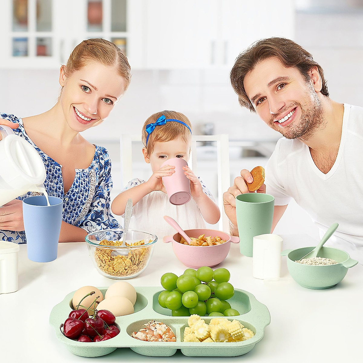 Hlukana 24 Pcs Wheat Straw Dinnerware Cutlery Set, Unbreakable Tableware Set, Including Kids Toddlers Divided Plates, Bowls, Cup, Cutlery Spoons Knifes Forks, BPA Free, Microwave Dishwasher Safe