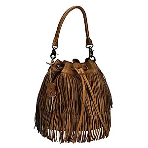 ZLYC Women Handmade Dip Dye Leather Bohemian Fringe Tassel Drawstring Bucket Bag, Brown