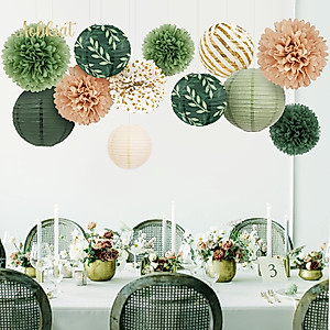 AOBKIAT Wedding Party Decorations Set,12PCS Olive Green Sage Paper Pom Poms Lanterns with Olive Leaf,for Engagement,Baby Shower,Bridal Shower,Boho Party