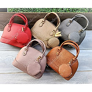 Vegan Leather Womens Girls Small Dome Satchel Bag Coin Purse Tote Handbag Crossbody (2-Piece Set with Coin Purse - Khaki)