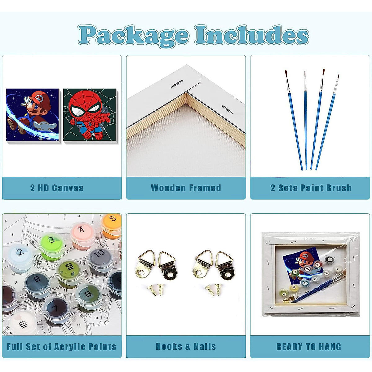 xackcme 2 Pack Cartoon Paint by Number for Kids with Wooden Frame-Cartoon Paint by Numbers for Kids Ages 4-8-12,Easy Paint with Numbers DIY Acrylic Oil Painting Kits for Home Wall Decor(8X8inch)