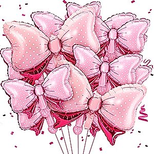 10 Pieces Mouse Balloon Pink Bow Balloon Mouse Party Decoration Bowtie Foil Pink Balloon Jumbo Bow Balloon for Wedding Bridal Shower Gender Reveal Balloon Party Decoration, 2 Sizes