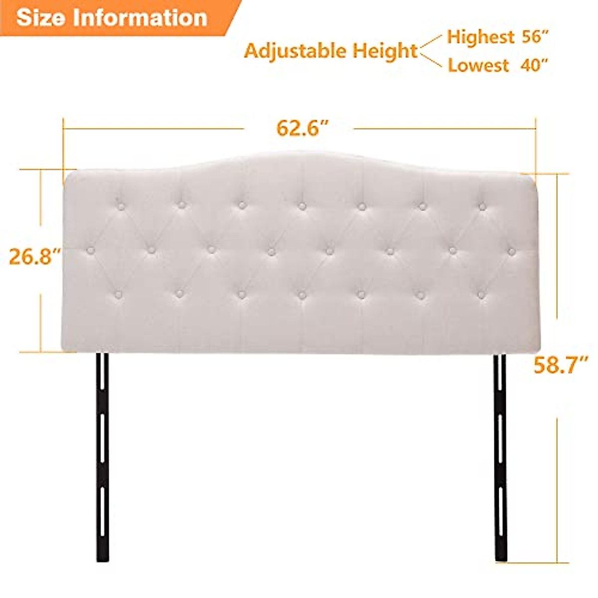 Yongchuang Tufted Upholstered Headboard Queen Adjustable Height Headboard Panel for Queen Size Bed Ivory