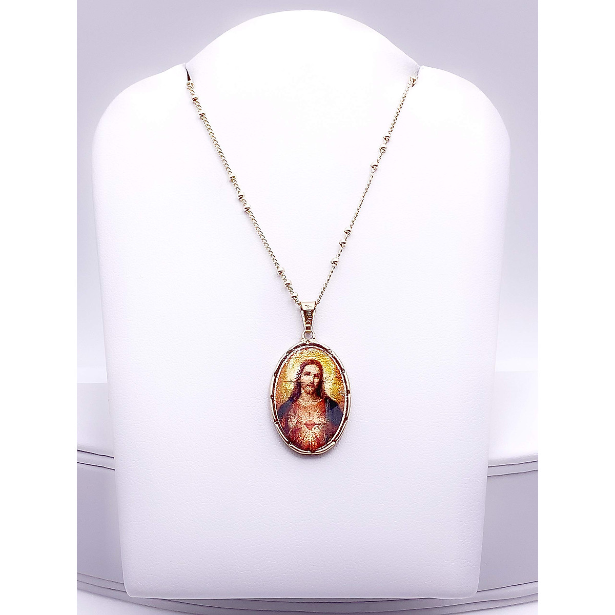 LESLIE BOULES Sacred Heart of Jesus Pendant Necklace for Women 18K Gold Plated Chain Religious Jewelry