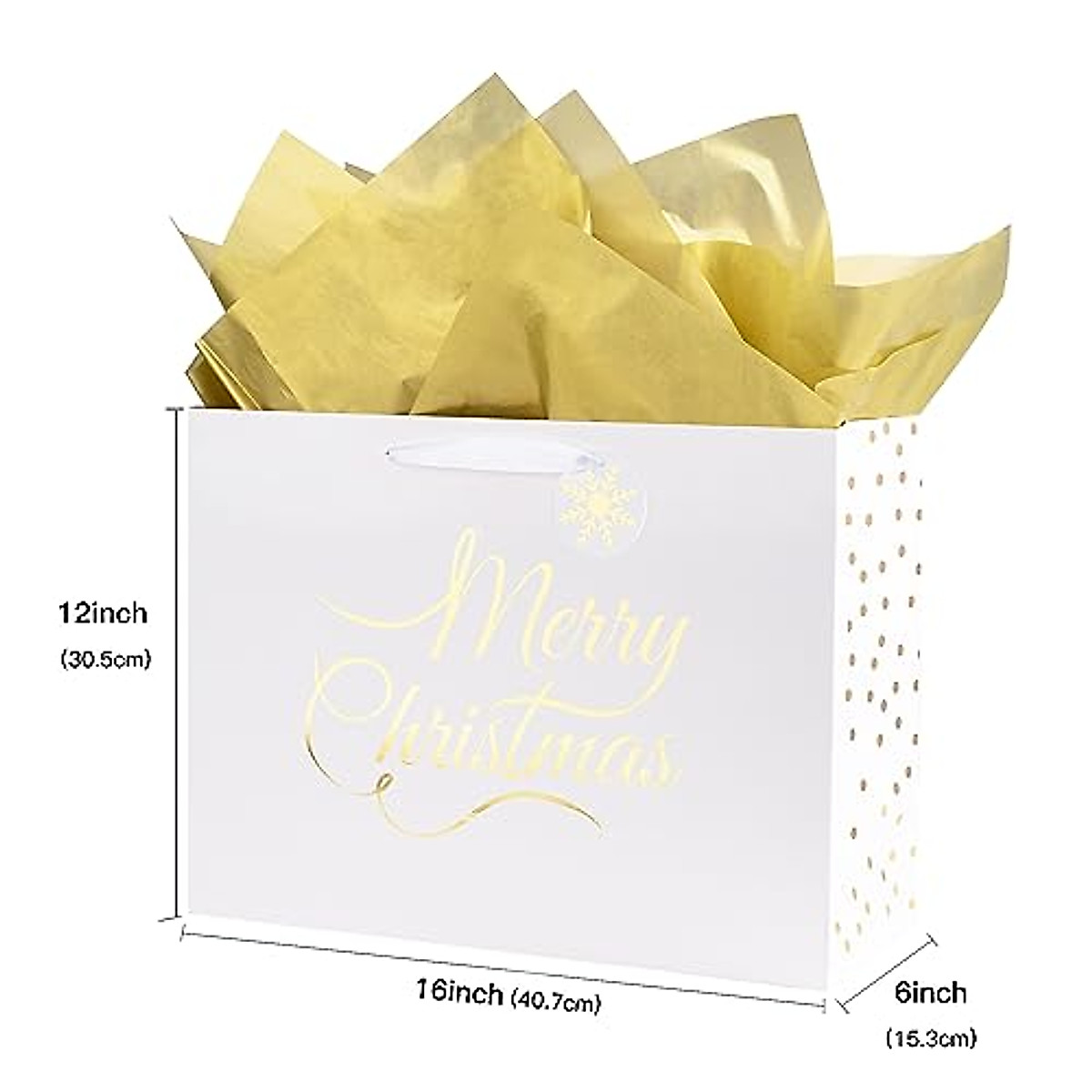 WRAPAHOLIC Christmas Gift Bags - 6 Pack Large Size White Gold Foil Merry Christmas Lettering Bags with 18 Sheets Wrapping Tissue Paper - 16" x 6" x 12"