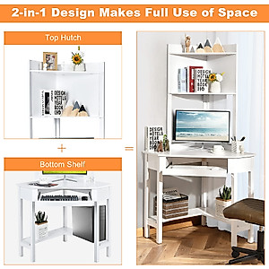 Tangkula White Corner Desk with Hutch, 90 Degrees Triangle Computer Desk with Keyboard Tray & Bookshelves for Small Space, Space Saving Writing Desk with Storage Shelves for Bedroom Apartment
