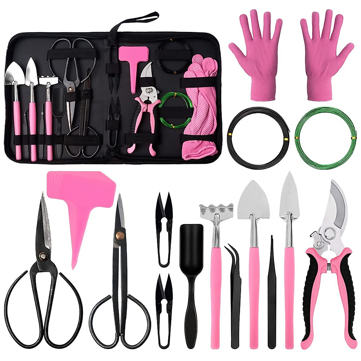 BUDDE Bonsai Tree Kit Tools Set Succulent 21 PCS Garden Hand Tool Include Pruning Shears, Carbon Steel Scissors, Perfect Starter Gardening Trimming Tools(pink), (A2ZJYYPJGJpink)