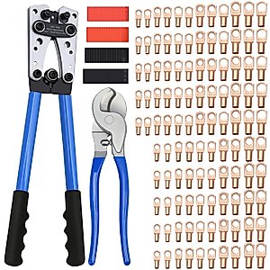 Cable Lug Crimping Tool with 170pcs Copper Wire Lugs and 210pcs Heat Shrinkable Tube, Wire Crimping Tool for AWG 10-1/0 Electrical Lug Crimper, with Cable Cutter